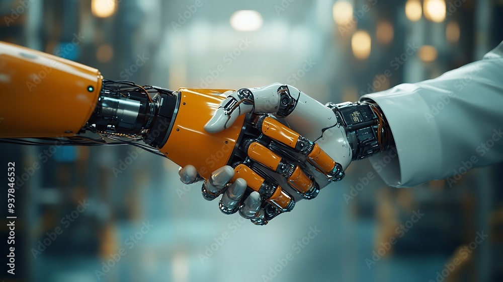 MLB Mechanized industry robot arm and business handshake double ...