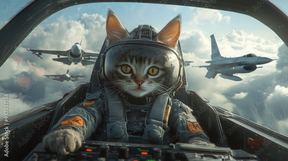 An cute pilot cat wears aviator helmet flying a jet with other ...
