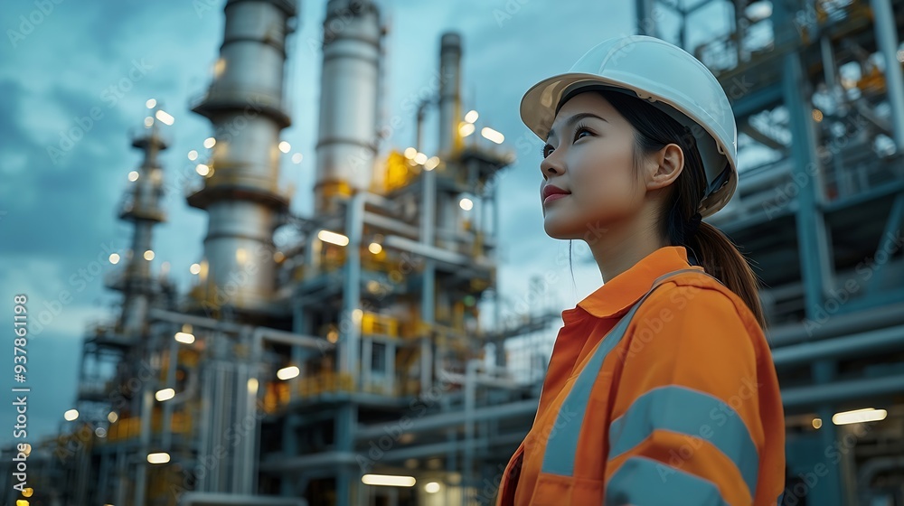 Two Asian female engineer with white safety helmet standing front of ...
