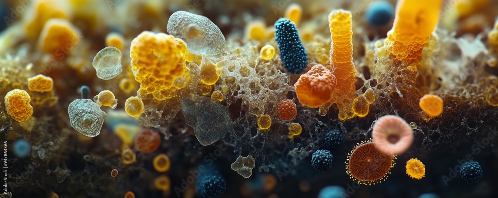 Microscopic organisms display vibrant colors and shapes in a complex ...