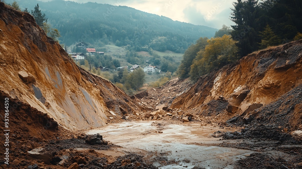 View of a Landscape shot of dangerous landslide occurred due to heavy ...