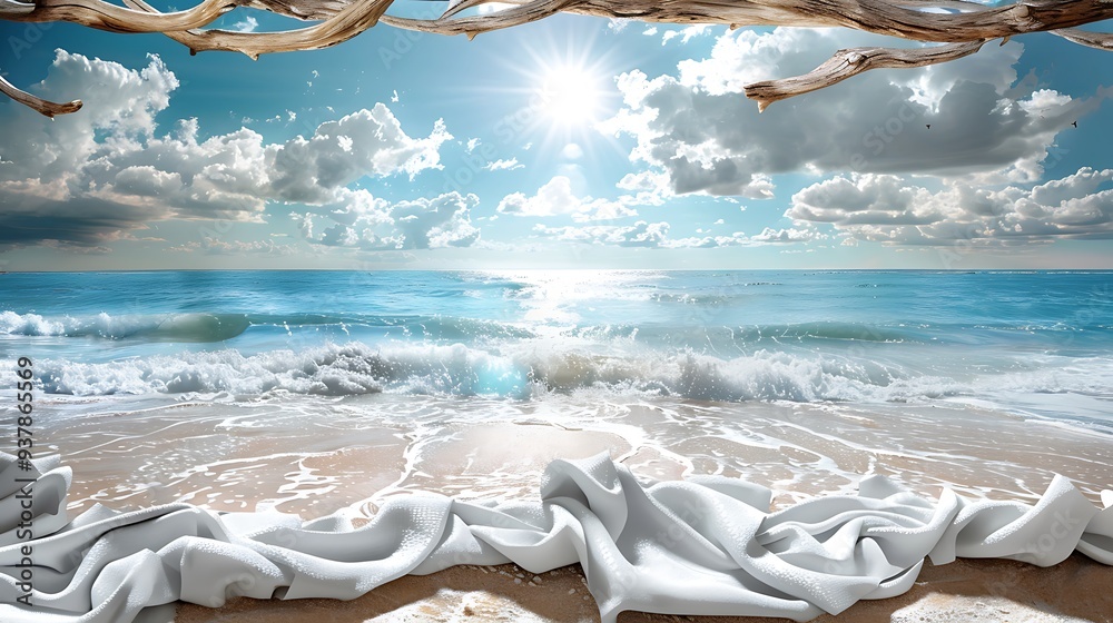 Create an artwork of a coastal scene with the ocean waves gently ...
