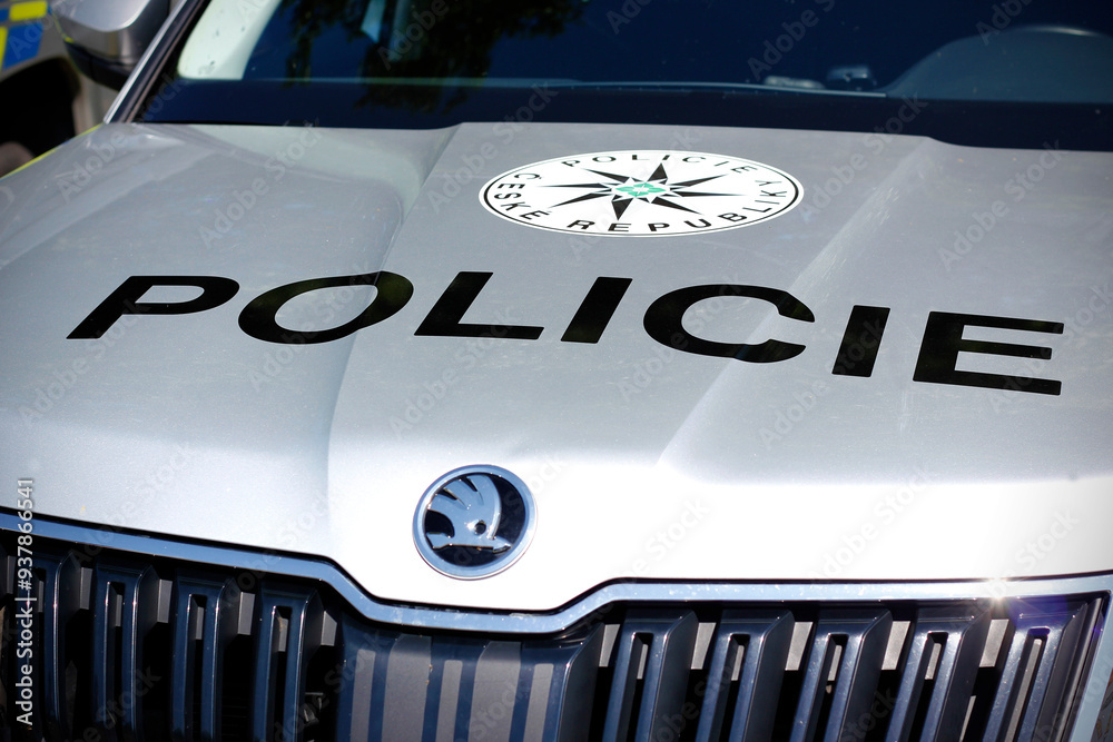 Detail of the inscription Policie (ENG = Police) and the emblem of the ...