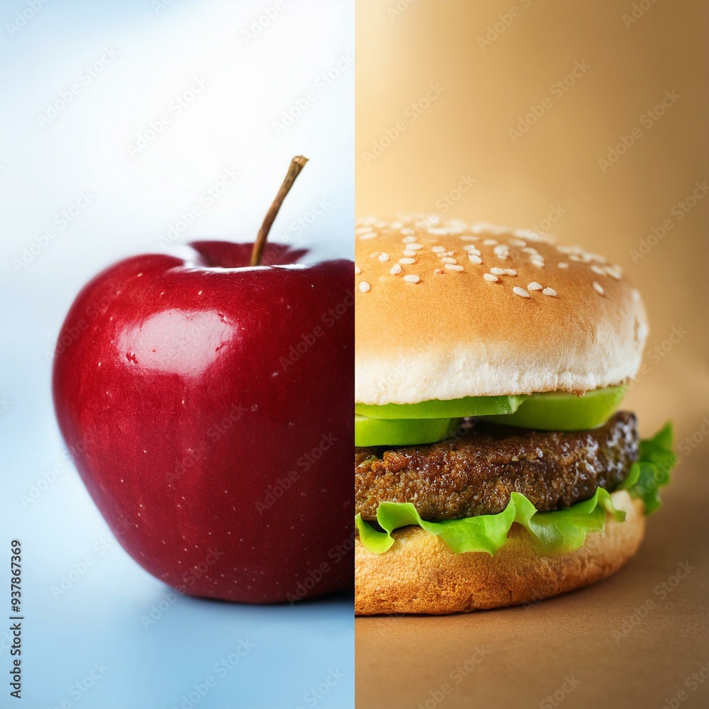 Image split in half, hamburger and apple. Healthy vs unhealthy food ...