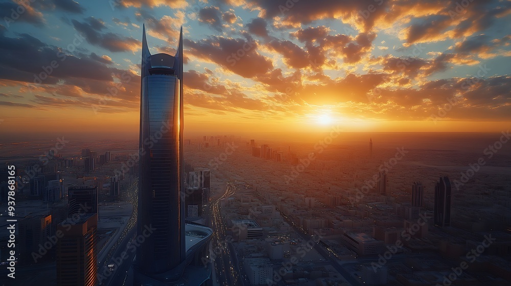 Sunset over large buildings equipped with the latest technology King ...