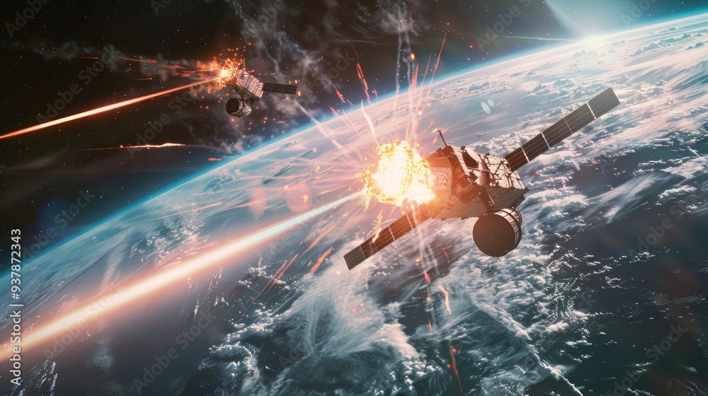 3D VFX graphics of satellite attacking another satellite with laser ...