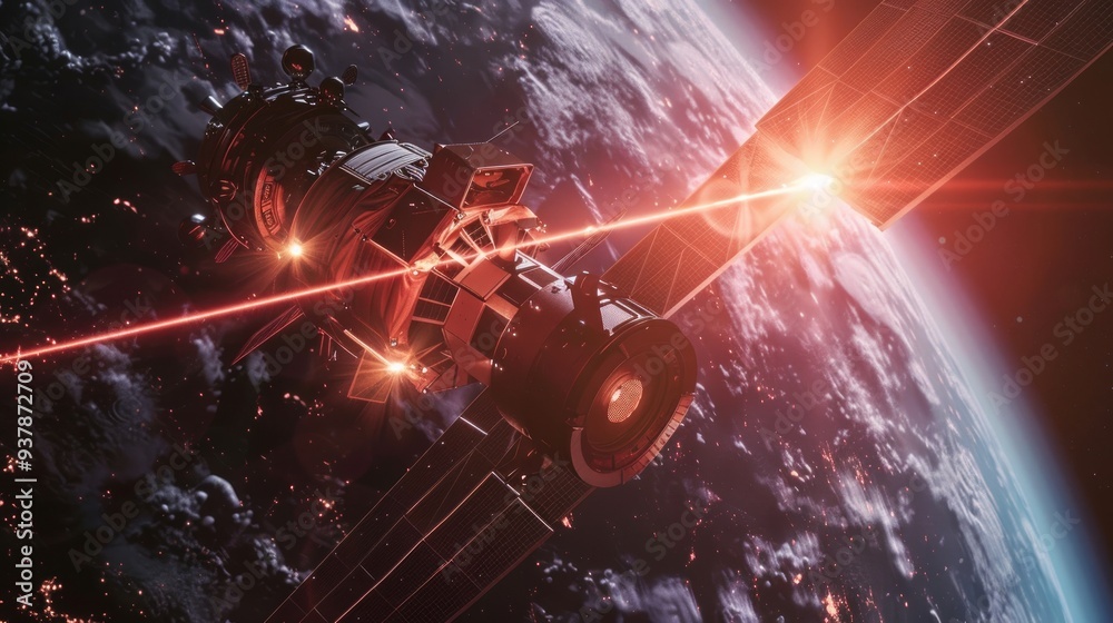 3D VFX graphics of satellite attacking another satellite with laser ...