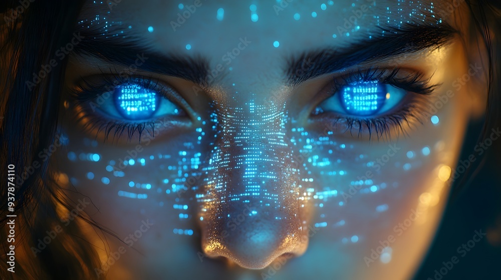 a digital face composed of microchips and binary codes, with eyes that ...