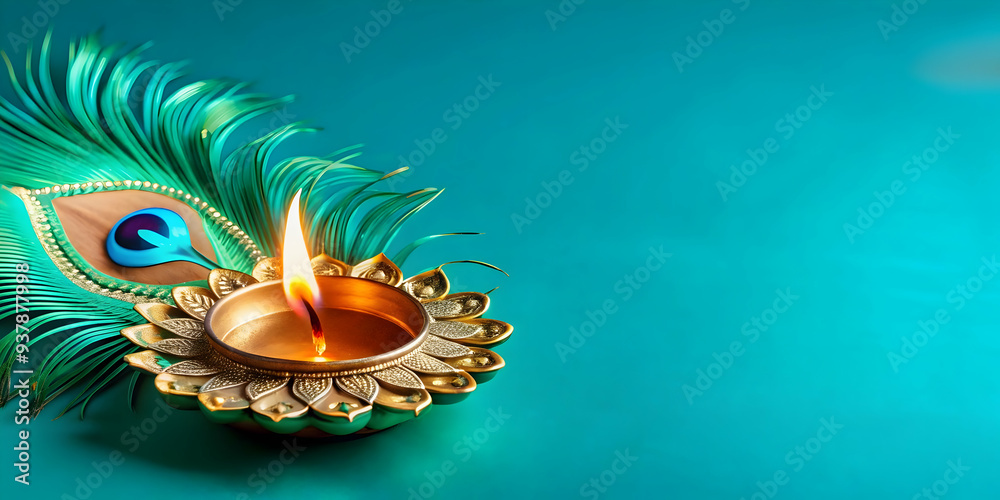 3D Diya and Peacock Feather Border concept as Horizontal frame with a ...