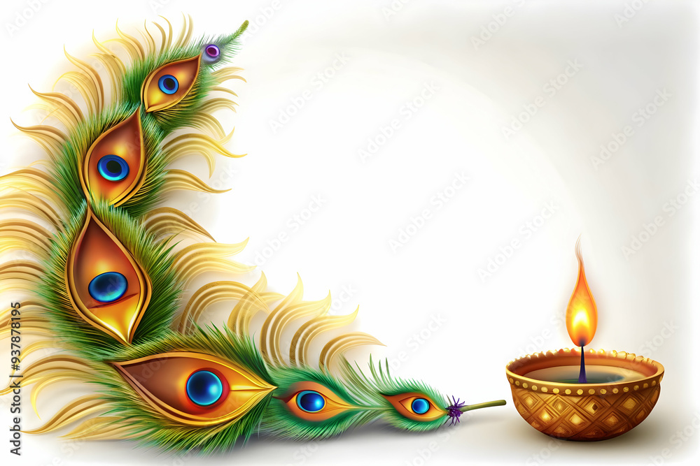 3D Diya and Peacock Feather Border concept as Horizontal frame with a ...