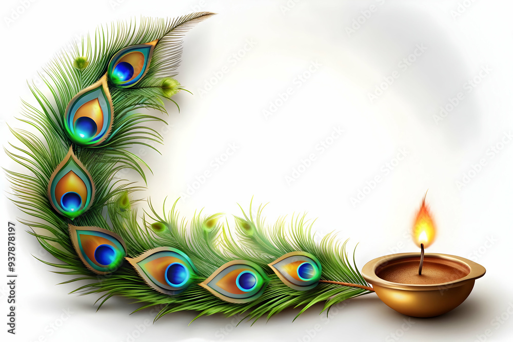 3D Diya and Peacock Feather Border concept as Horizontal frame with a ...