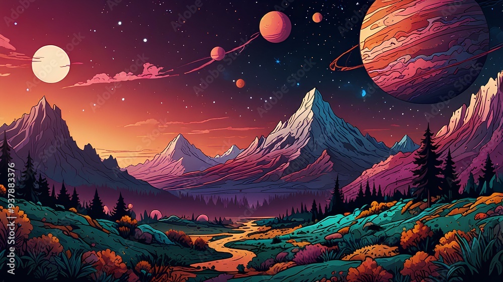 Psychedelic Space banner template in anime manga line art style ...