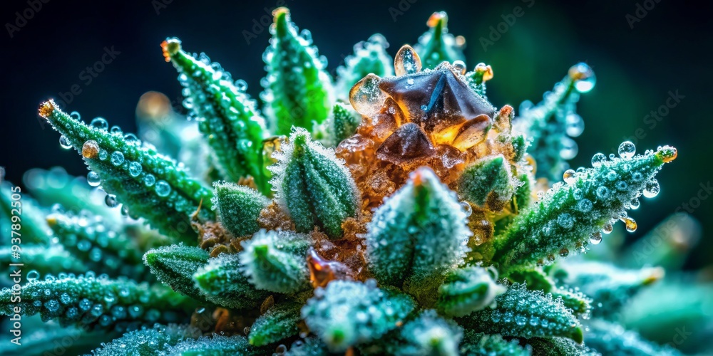 Vibrant microscopic crystals coat the emerald green marijuana bud ...