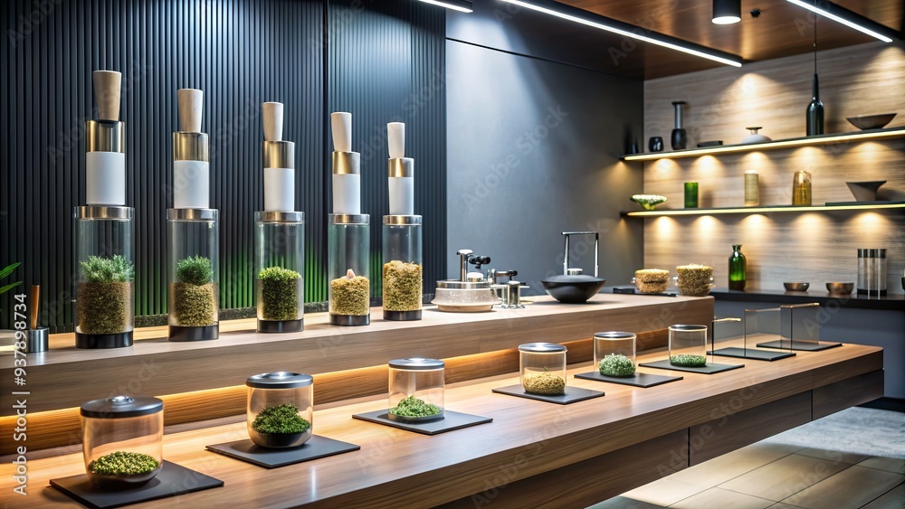 A modern cannabis dispensary counter displays various industry-related ...