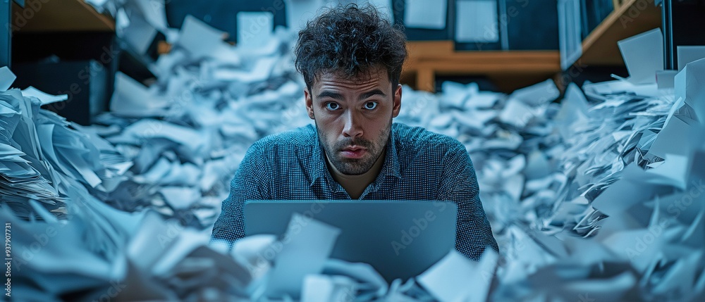 A stressed man surrounded by piles of paper, focusing intently on his ...
