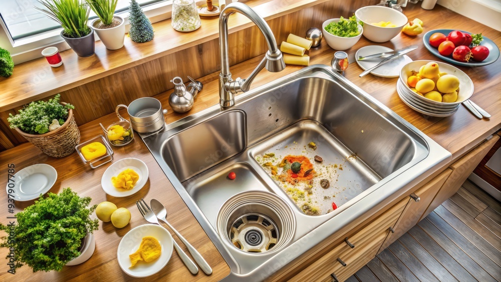 A modern kitchen sink with stainless steel garbage disposal unit ...