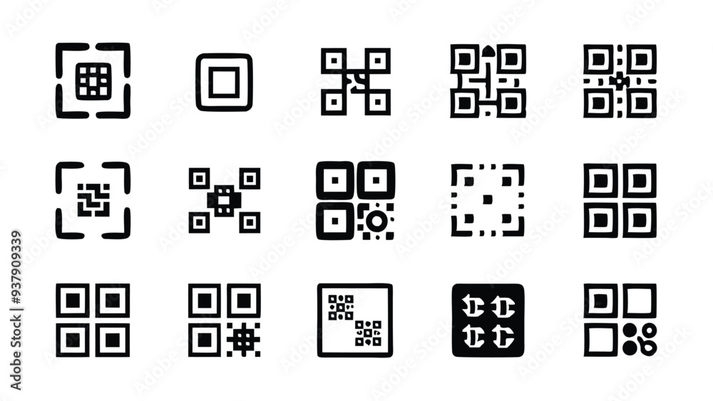 Set of 20 QR code web icons in line style, scan, scan QR code, digital ...