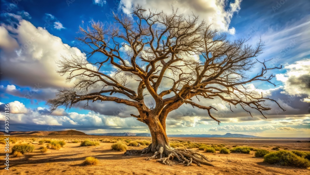 A severely damaged tree stands alone in a desolate landscape, its ...