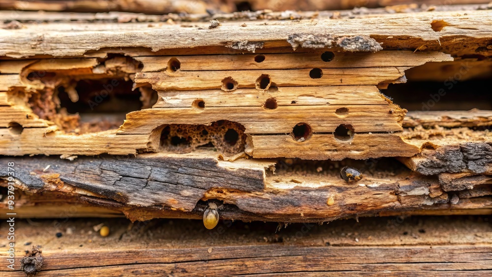 Close-up of damaged wooden beam with mud tunnels and holes, revealing ...