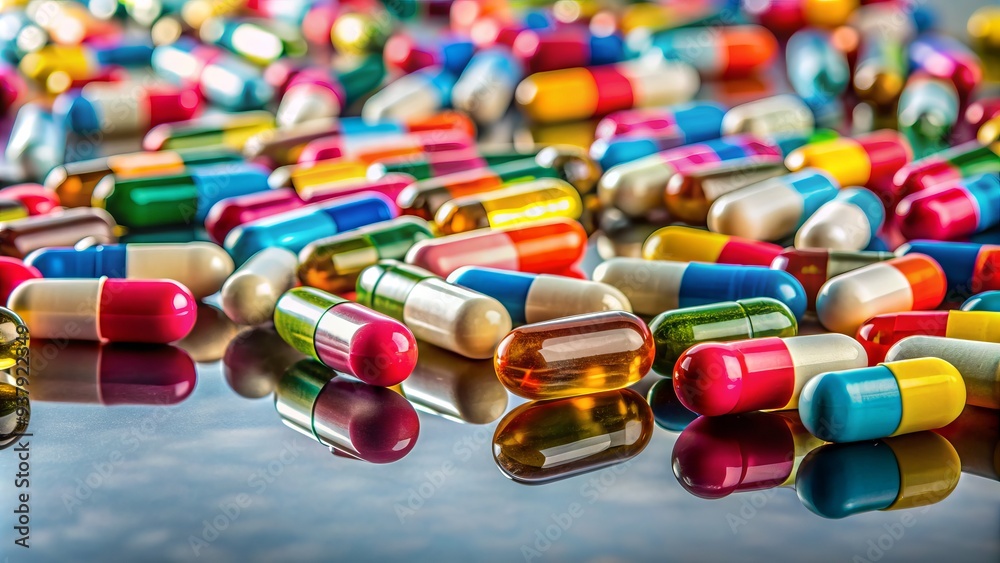 Colorful pills and tablets scattered on a reflective surface ...