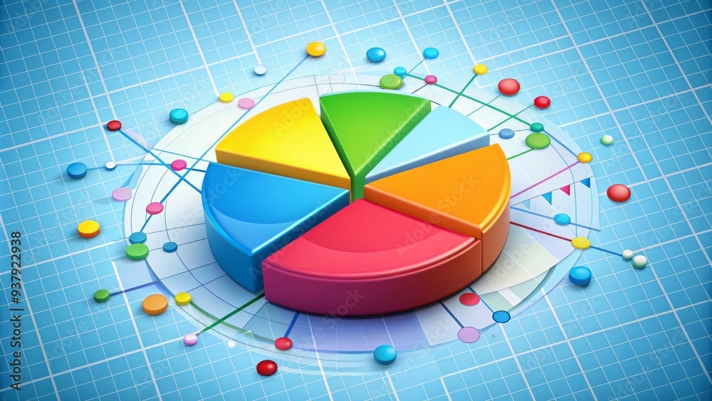 Colorful vector circle chart with 3D elements, segmented pie chart, and connected nodes ...