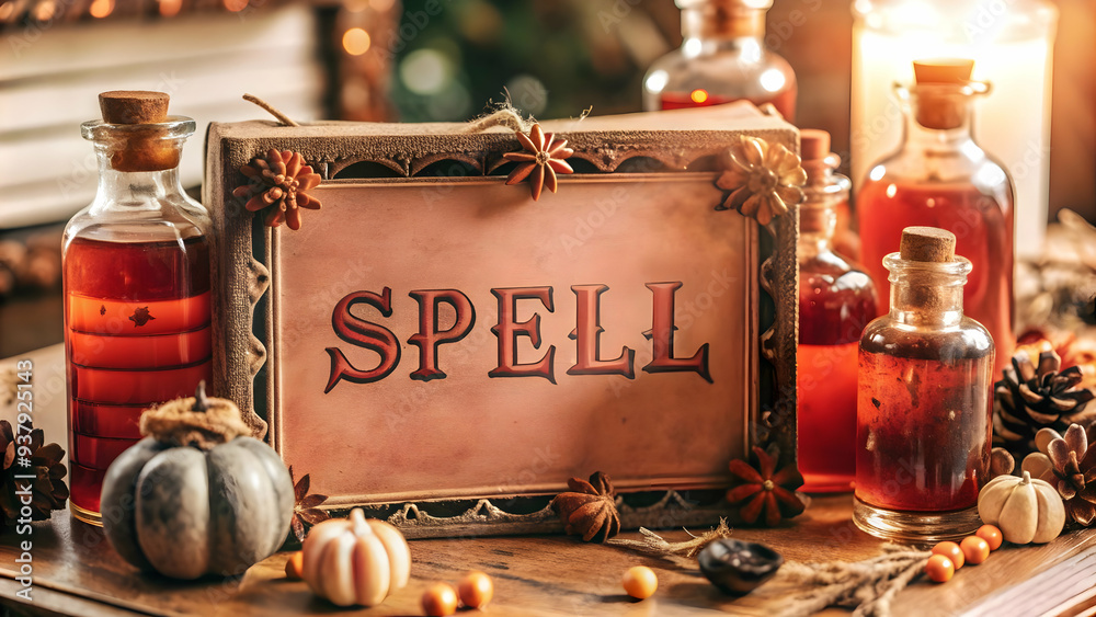 3D Witchs Grimoire and Potion Border with Spell Text concept as A ...