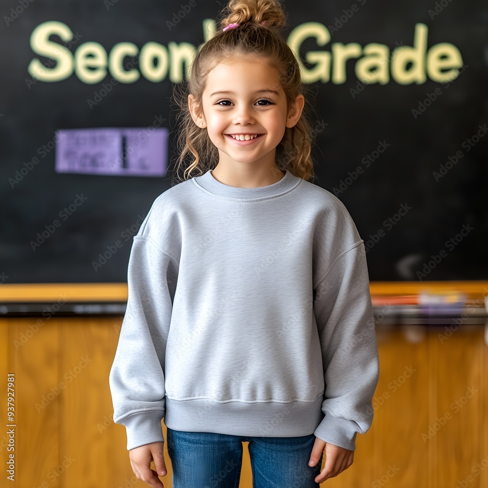 Second Grade student in gray sweatshirt mockup, girl nere classroom ...