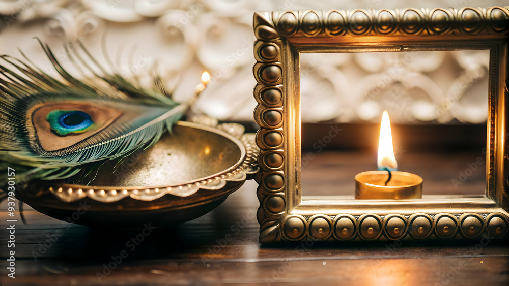 Diya and Peacock Feather Border concept as Horizontal frame with a lit ...