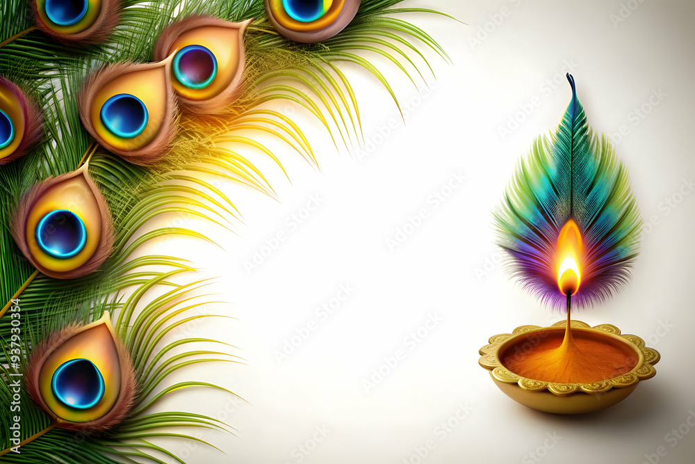 Diya and Peacock Feather Border concept as Horizontal frame with a lit ...