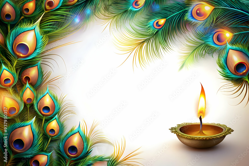 Diya and Peacock Feather Border concept as Horizontal frame with a lit ...