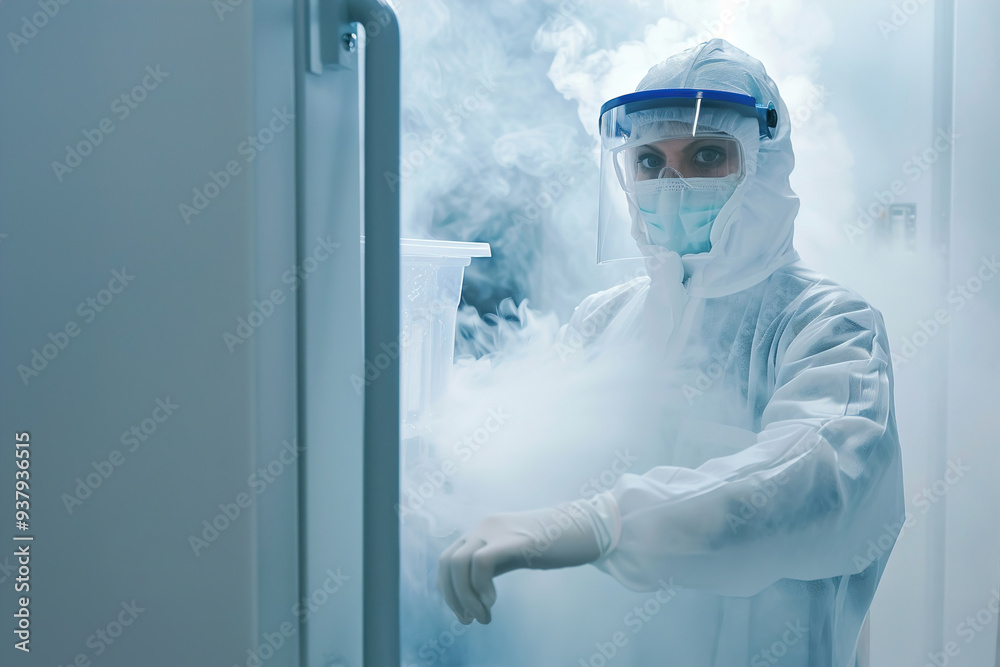 Lab assistant performing cryogenic preservation of biological samples ...