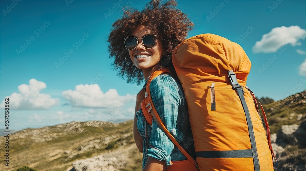 Adventure Awaits: Captivating Female Backpacker with Curly Hair and ...