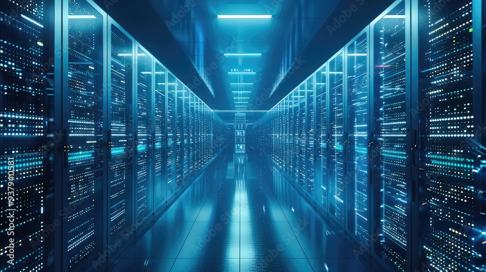 A modern data center with rows of servers with lots of flashing lights ...