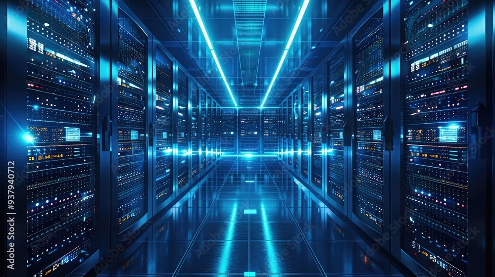 A modern data center with rows of servers with lots of flashing lights ...