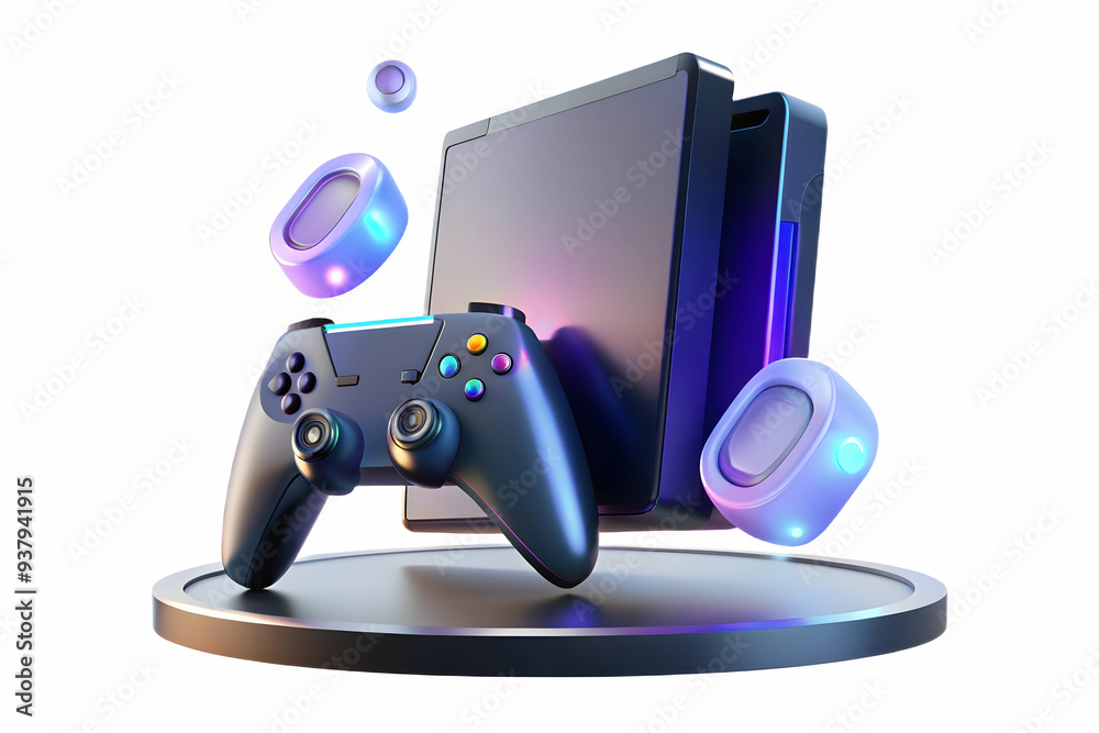 Flat Gaming Console with Holographic Controllers concept as Vertical ...
