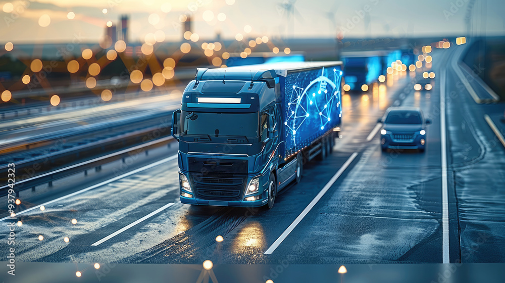 GPS blue trucks tracking on a map with different locations, White ...