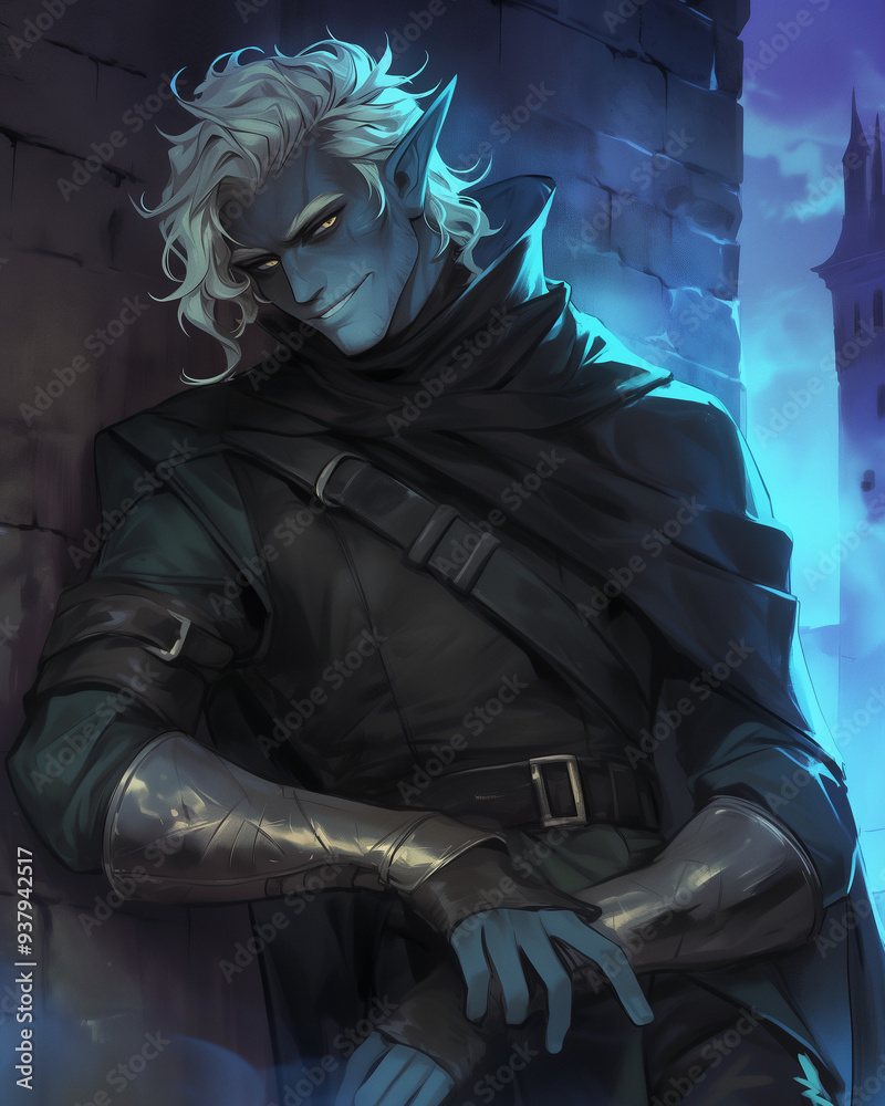 mischievous drow rogue with icy blue skin and white hair, smirking in a ...
