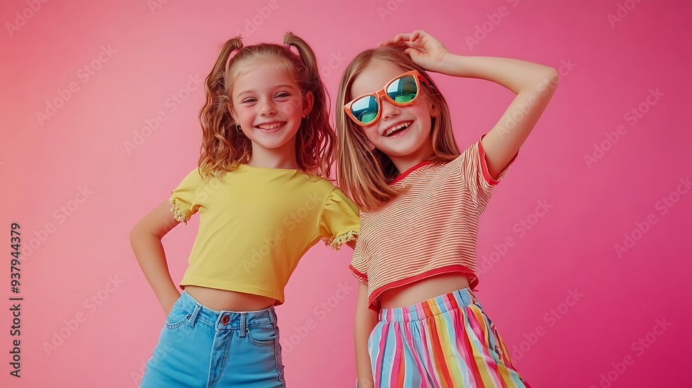 Two girls 1011 years old in fashionable colorful summer clothes posing ...