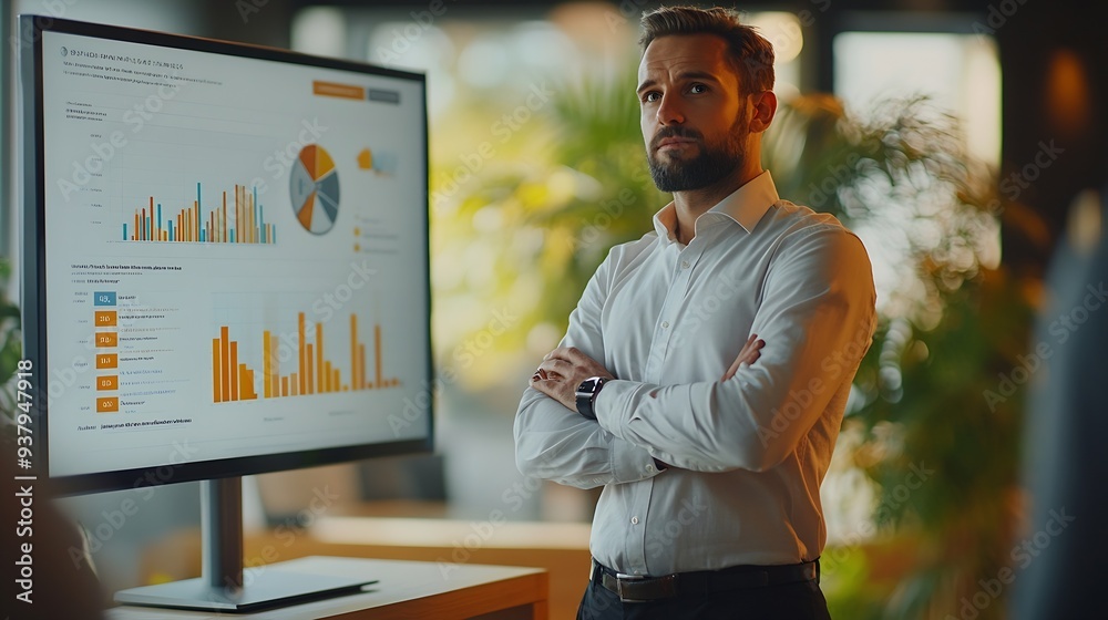 Male coach hold seminar for staff makes presentation provides sales ...