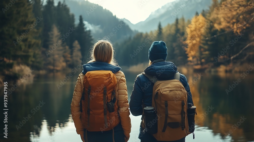 Nature hiking and couple at lake on adventure holiday in mountain with ...
