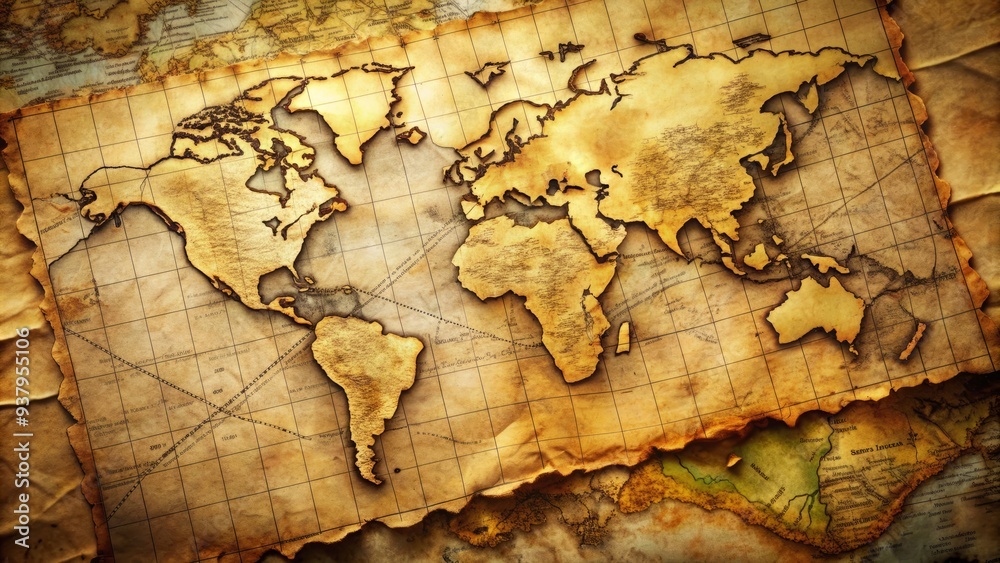 Faded, creased, and worn vintage topographic map with yellowed paper ...