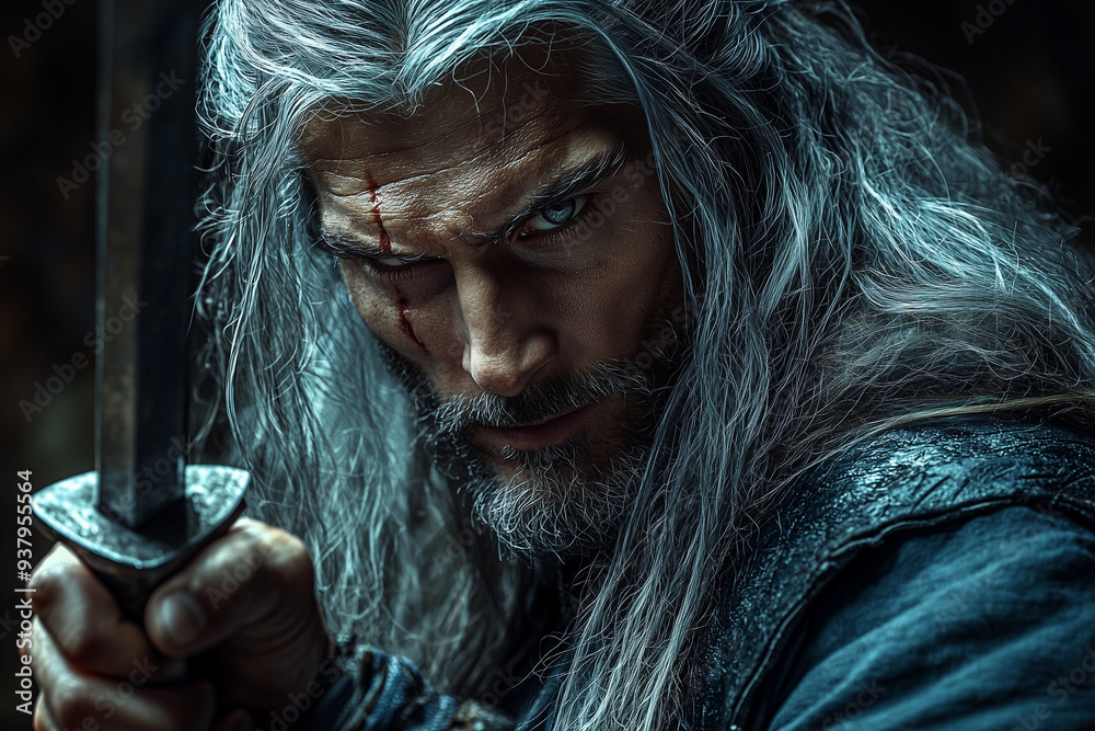 battle-hardened warrior with white hair and a scarred face, wielding a ...