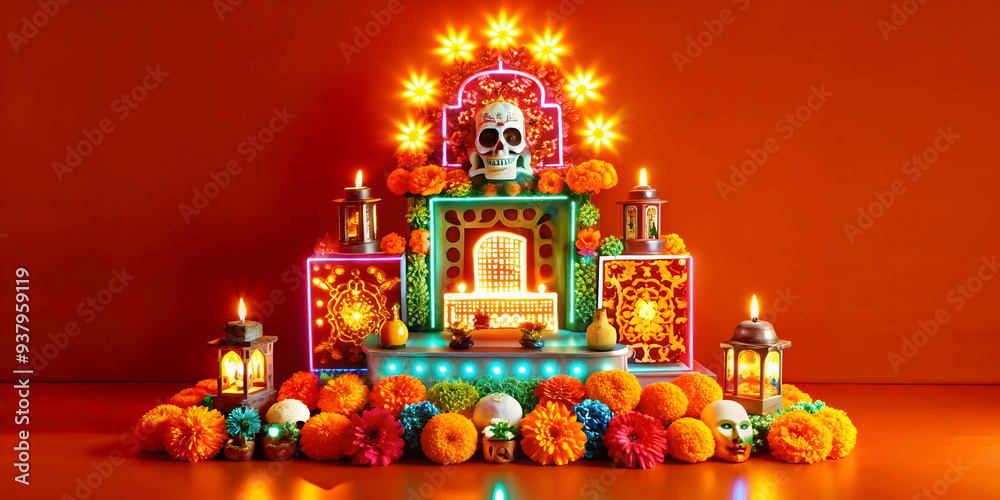 Flat Neon Altar with Digital Glowing Elements concept as An abstract ...