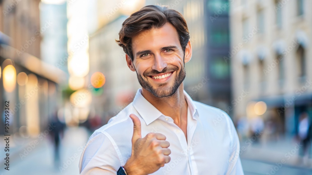 Friendly-looking man with a warm smile points to the side with his ...