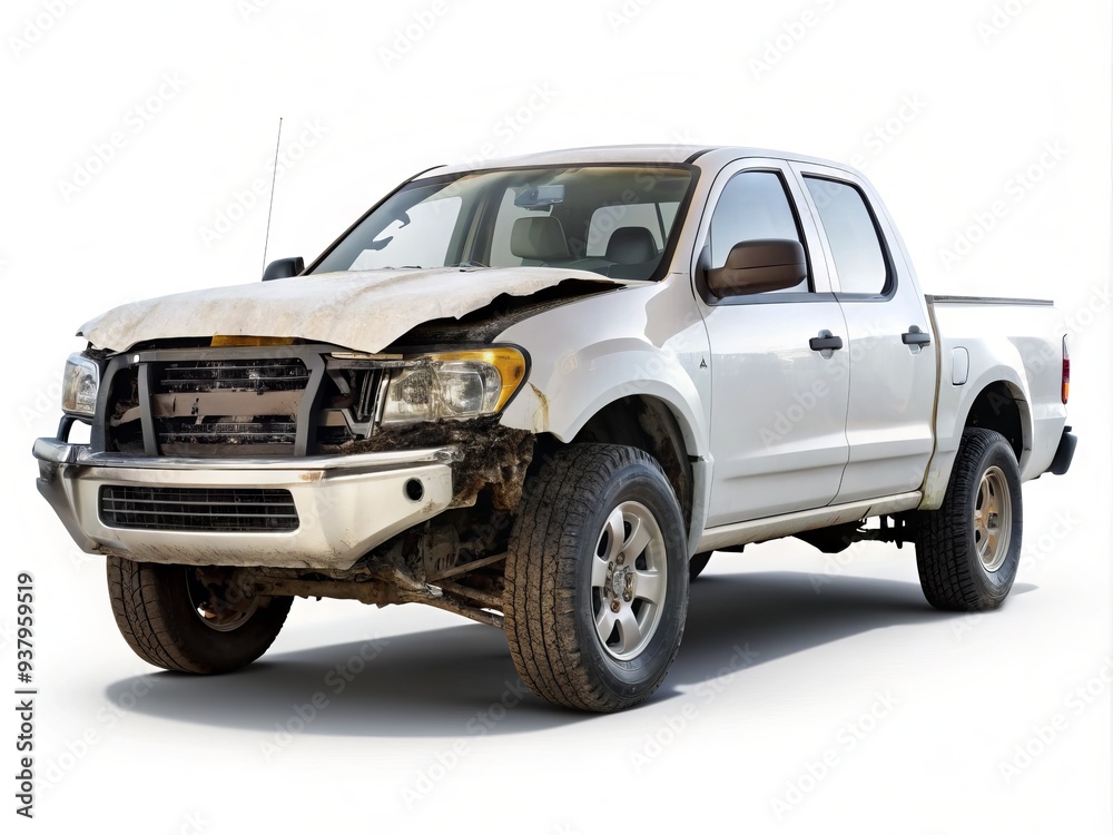Front and side view of a severely damaged white pickup truck after a ...
