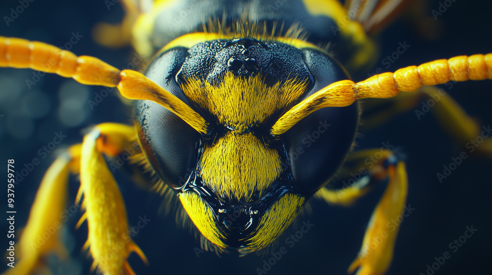Close up of a european wasp's face, showing its compound eyes and ...