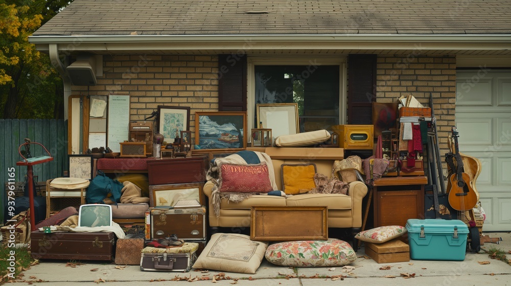 A cluttered porch with a couch, various boxes, a guitar, and an old ...