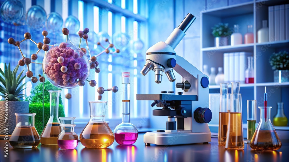 Hopeful laboratory scene with various scientific equipment, test tubes ...