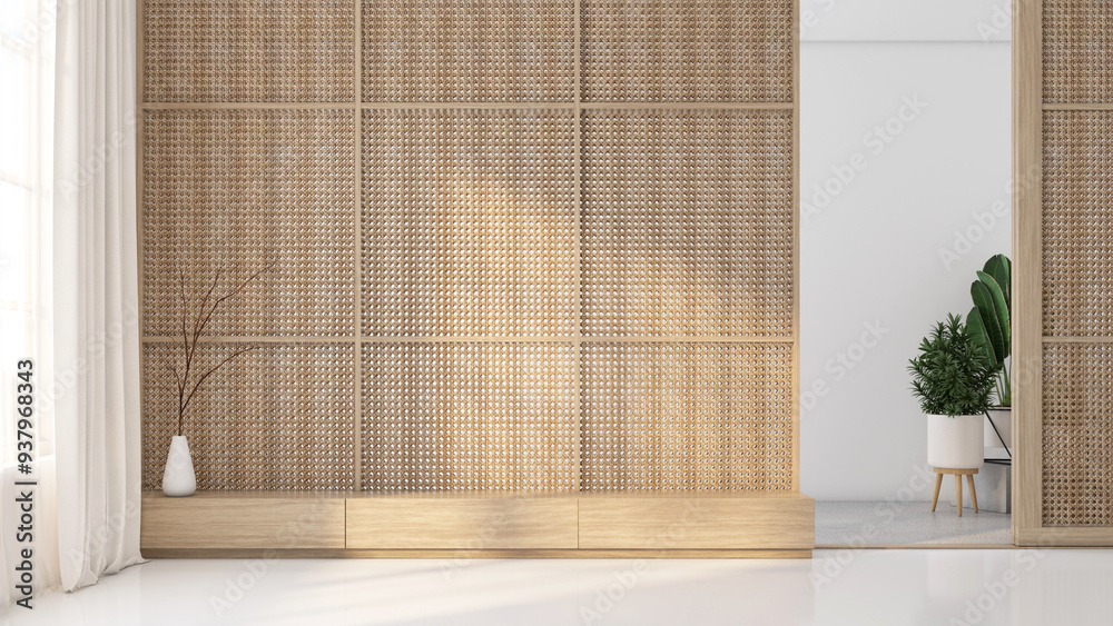 Modern Japanese-style living room with wood built-in TV cabinet. wood ...