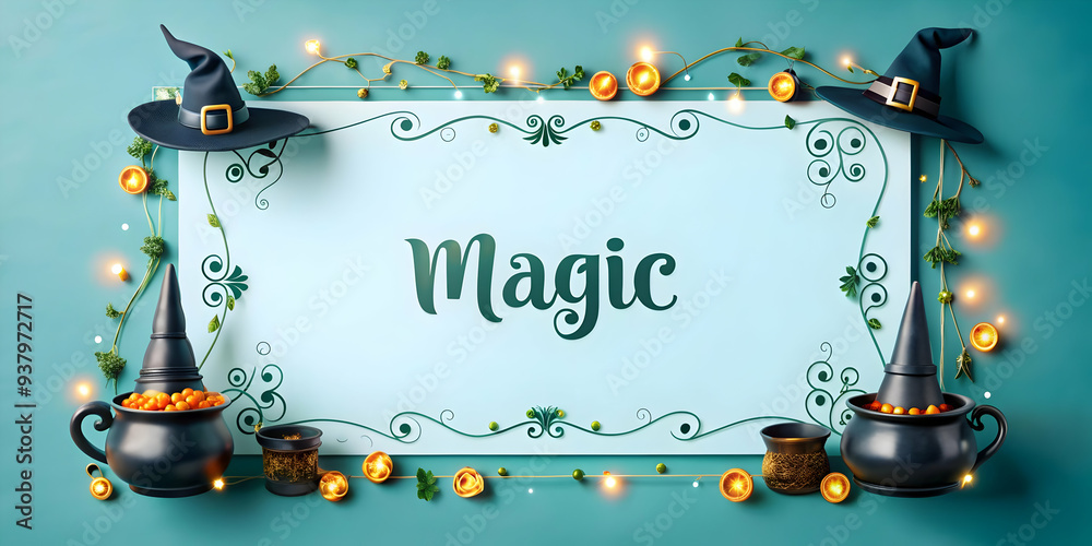 Flat Witch Hat and Cauldron Border with Magic Text concept as A ...